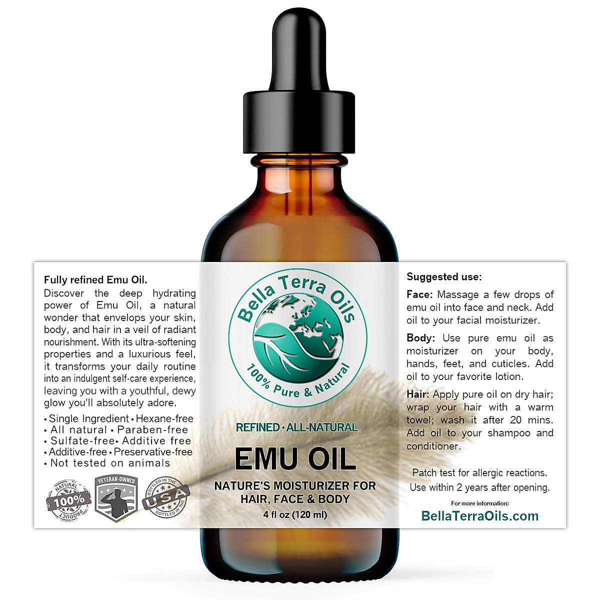 Bella Terra Oils - Emu Oil 4 oz - Genuine Pure Australian Emu, Infused with Linoleic & Oleic Acid, Perfect Companion for Lustrous Skin