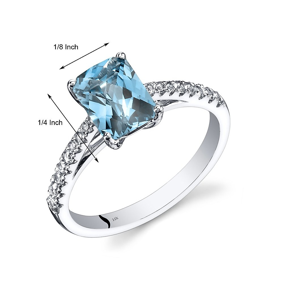 PEORA Swiss Blue Topaz with White Topaz Venetian Solitaire Ring for Women 14K White Gold, Genuine Gemstone Birthstone, 1.75 Carats Radiant Cut 8x6mm, Size 6