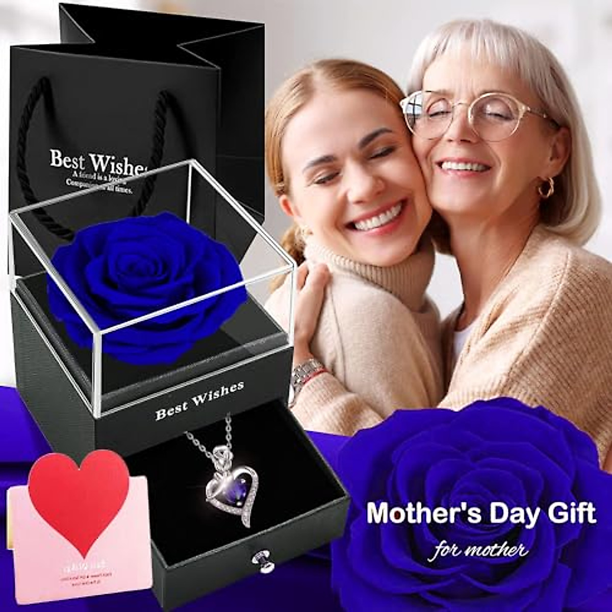 Blue Rose Box with Crystal Necklace - Real Eternal Rose with 925 Sterling Silver Heart Necklace,Enchanted Flower with Blue Birthstone Pendant Gift for women on Valentine's Day Anniversary Wedding.