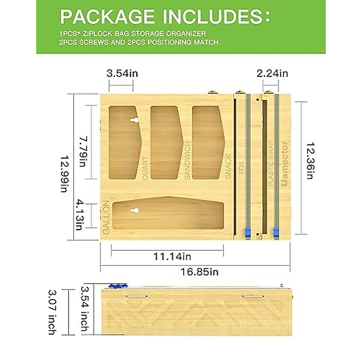 Uamector Bag Storage Organizer for Kitchen Drawer, 100% Natural Bamboo 6 in 1 Bamboo Foil and Plastic Wrap with Cutter, Storage Bag Organizers
