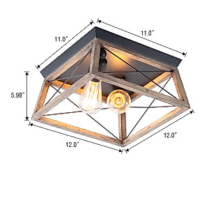 VILUXY Retro Industrial Rectangle Flush Mount Ceiling Light Fixture with Wood Shade for Hallway, Entryway, Passway, Dining Room, Bedroom, Balcony Living Room Two-Light