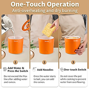 Topwit Ramen Cooker - Mini 1L Electric Pot for Noodles, Pasta, Steak, Egg with Over-Heating and Boil Dry Protection - Portable, Dorm Room Essentials, Orange