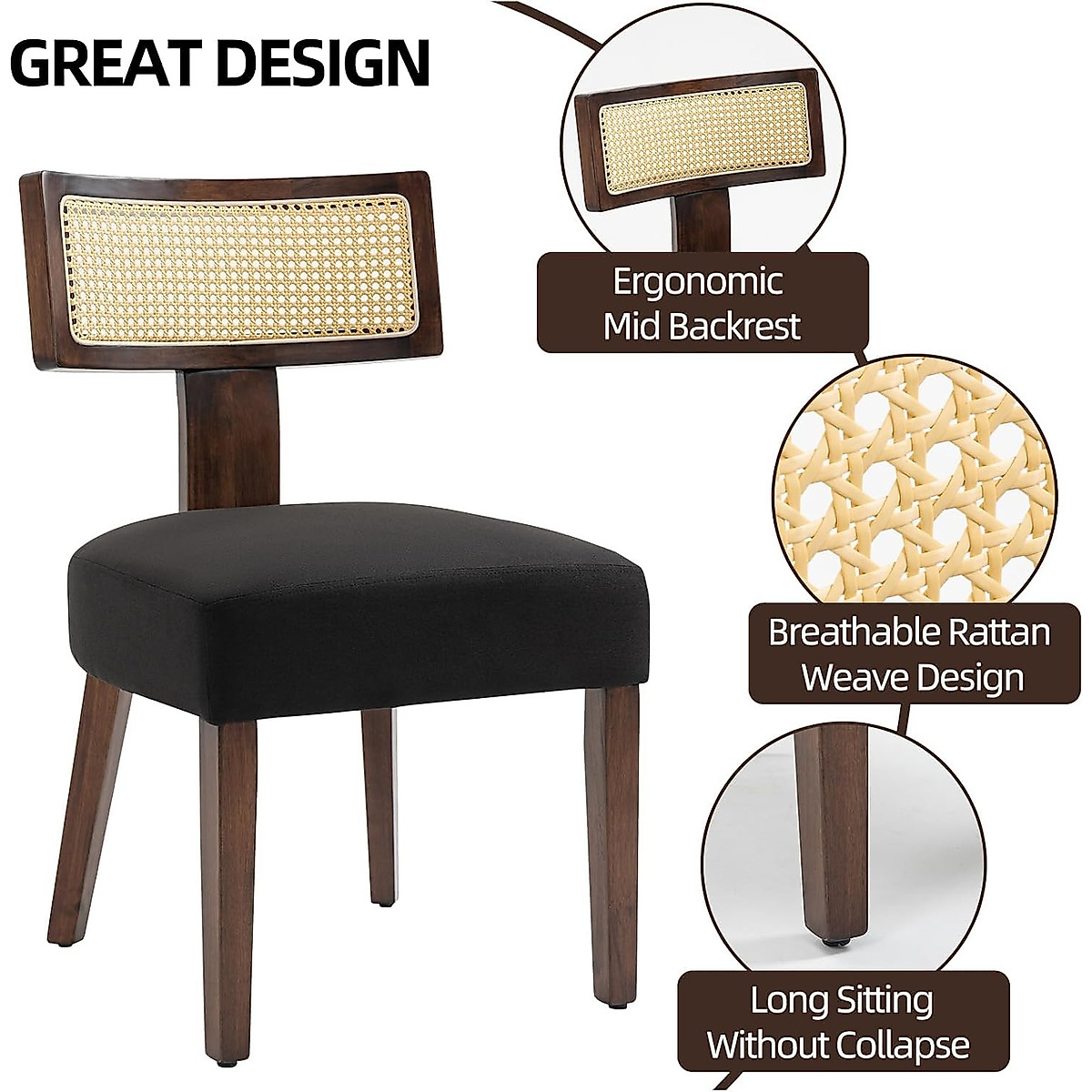 WQSLHX Rattan Dining Chairs Set of 6, Modern Kitchen Dining Room Chair with Curved Cane Back & Hardwood Frame in Dark Walnut Finish, Black Linen Upholstered