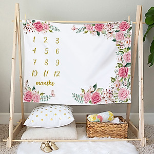 Yokakio Baby Monthly Milestone Blanket Girl, Milestone Blanket for Baby Girl, Track Growth and Age, Newborn Shower Gifts for Mom, Includes Floral Wreath & Pink Bow Headband, 60" X 40"