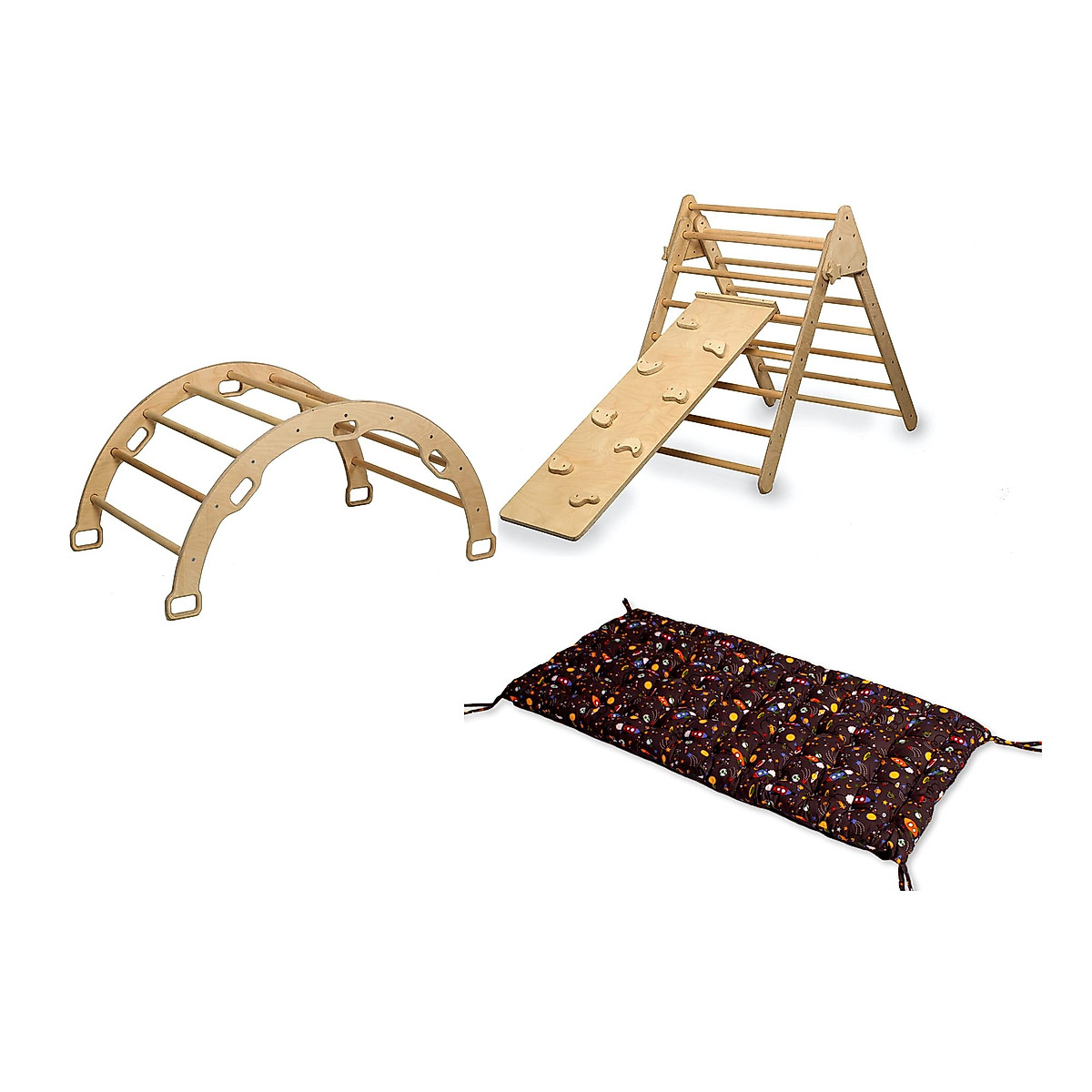 Montessori Wooden Climbing Frames | Indoor Wood Montessori Climbing Set with Ramp & Cushion| Montessori Rocker for Kids with Pillow | Montessori Playground Climbing Set with Rockwall Ramp (Space)