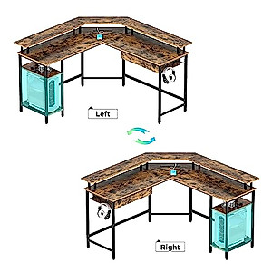 Rolanstar L Shaped Gaming Desk with Drawer, 55.1" Reversible Computer Desk with Power Outlets & LED Lights, Home Office Desk with Monitor Stand & Storage Shelf, Desk with Hooks Rustic Brown