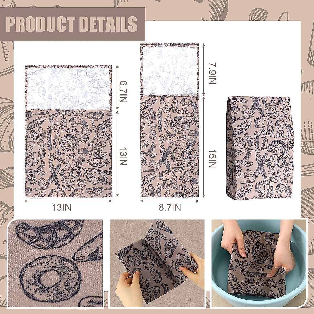 Tioncy 2 Packs Reusable Beeswax Bread Bags Linen Bread Storage Bag with Improved Beeswax Coating Homemade Bread Bags Beewax Food Wraps for Sourdough Bread for Loaf Fresh Freezer Baker Gifts(Brown)