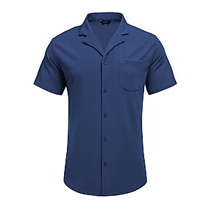 COOFANDY Men's Wrinkle Free Button Down Shirt Short Sleeve Business Casual Untucked Shirts Lightweight Stretch Shirt Navy Blue