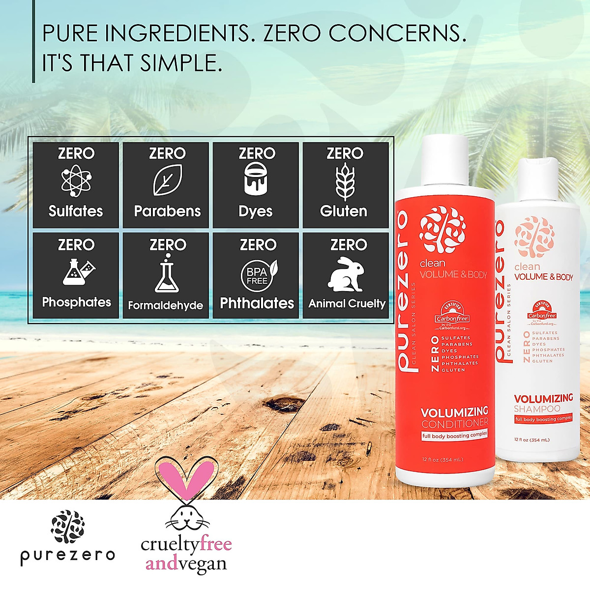 Purezero Volumizing Shampoo and Conditioner Set - Add Volume & Body - Zero Sulfates/Parabens/Dyes -100% Vegan & Cruelty-Free - Great for Color Treated Hair