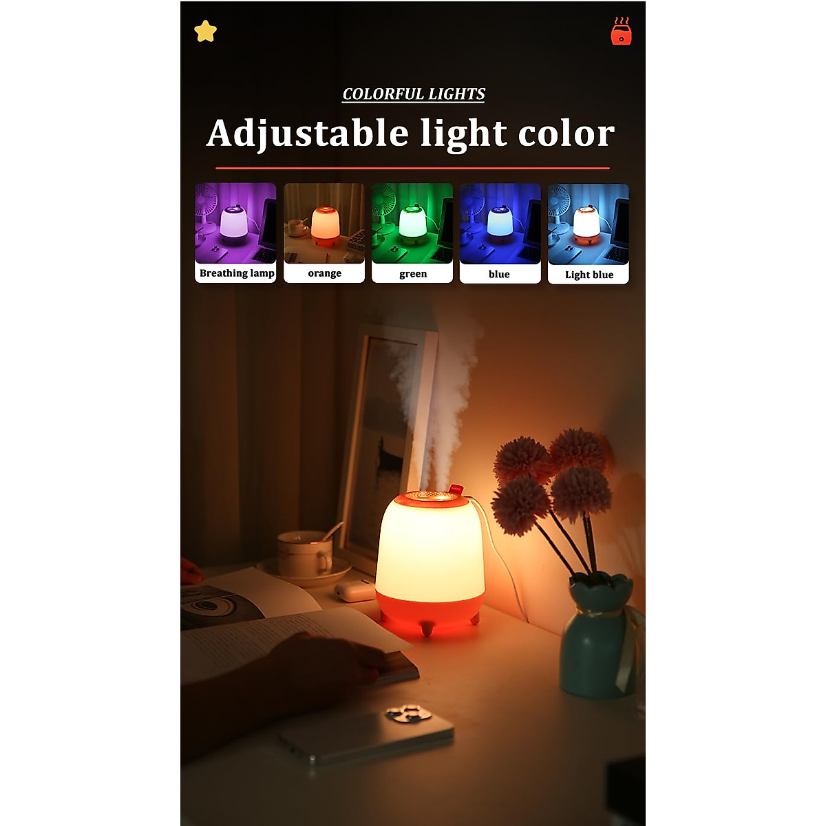 Humidifiers for Bedroom with Nightlight, Ultrasonic Cool Mist Humidifier Top Fill, Quiet Baby Air Humidifier with Night Light 5 Colors, Single/Double hole spray, Auto Shut-Off, 1.5L(Orange)