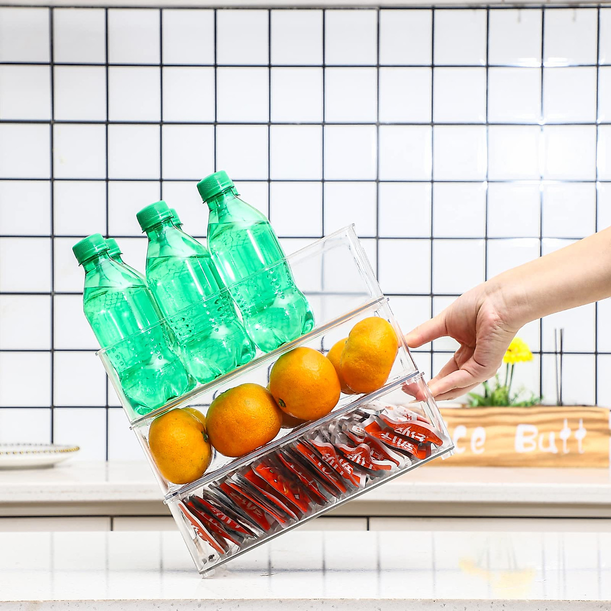 Cq acrylic Stackable Refrigerator Organizer Bins,6 Pack Clear Kitchen Organizer Container Bins with Handles for Pantry,Cabinets,Shelves,Drawer, Fridge BPA Free
