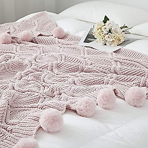 Revdomfly Chenille Knitted Throw Blanket with Pom Poms, Fuzzy & Fluffy Couch Cover Decorative Knit Blanket for Sofa Bed, 51.2" x 63", Pink