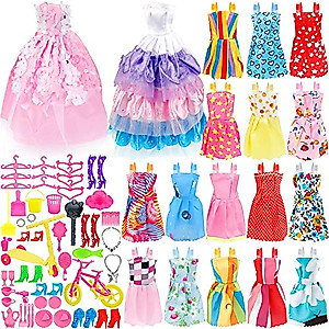 73Pcs Dolls Fashion Set for Dressing up Dolls, Included 18Pcs Wedding Party Outfits Clothes and 55Pcs Doll Accessories Shoes Bags Necklace Girls' Gifts