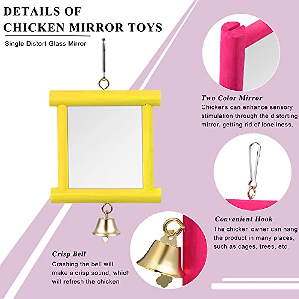 2 Pieces Chicken Mirror Toys Hanging Swing Mirror Toys with Bell Wooden Pecking Toy and 4 Pieces Beak Grinding Molar Stones for Hens Birds Parrots