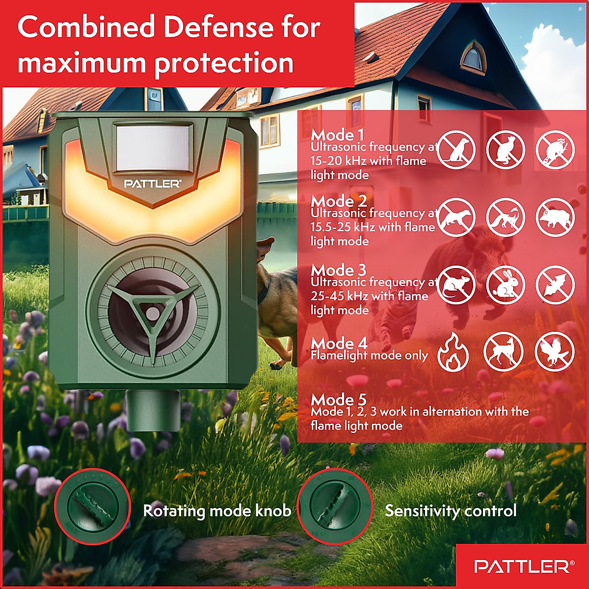 PATTLER® Animal Repellent Outdoor with Flame Light to Scare Animals | Deer and Rabbit Repellent with Motion Sensor up to 10m Range | Ultrasonic Deer Repellent | Rabbit Repellent Outdoor | | 1 Pack