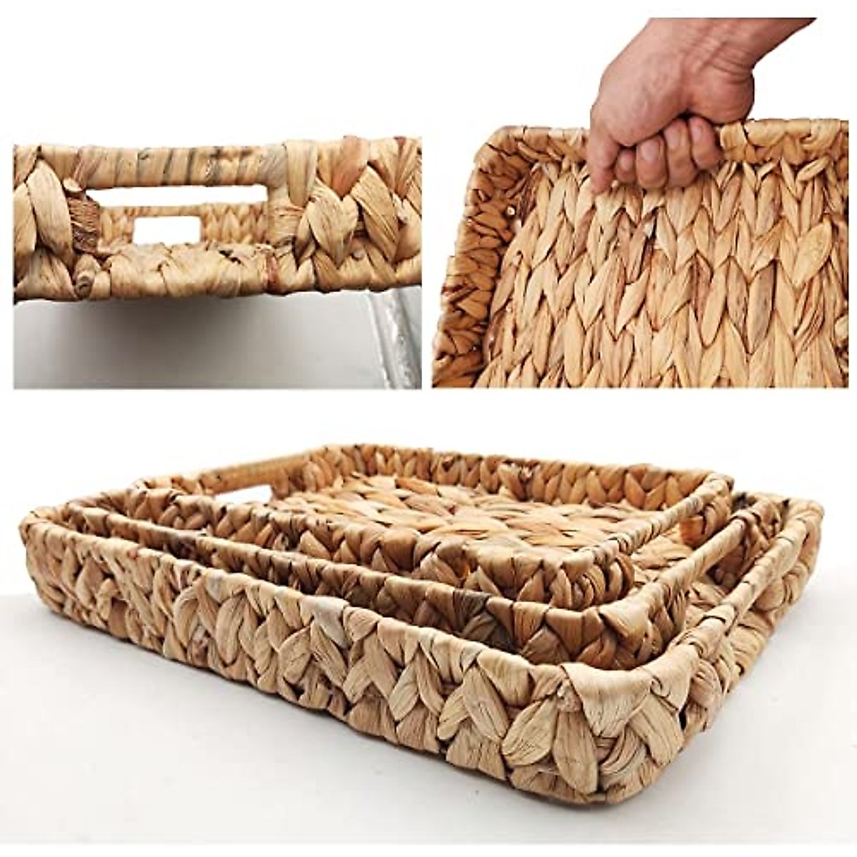 NEWQI Set of 3 Different Sizes Water Hyacinth Storage Baskets with Handles,Rectangular Rattan Woven Serving Tray， Large and Small Woven Wicker Baskets for Storage Organizing,Perfect for Open Shelving
