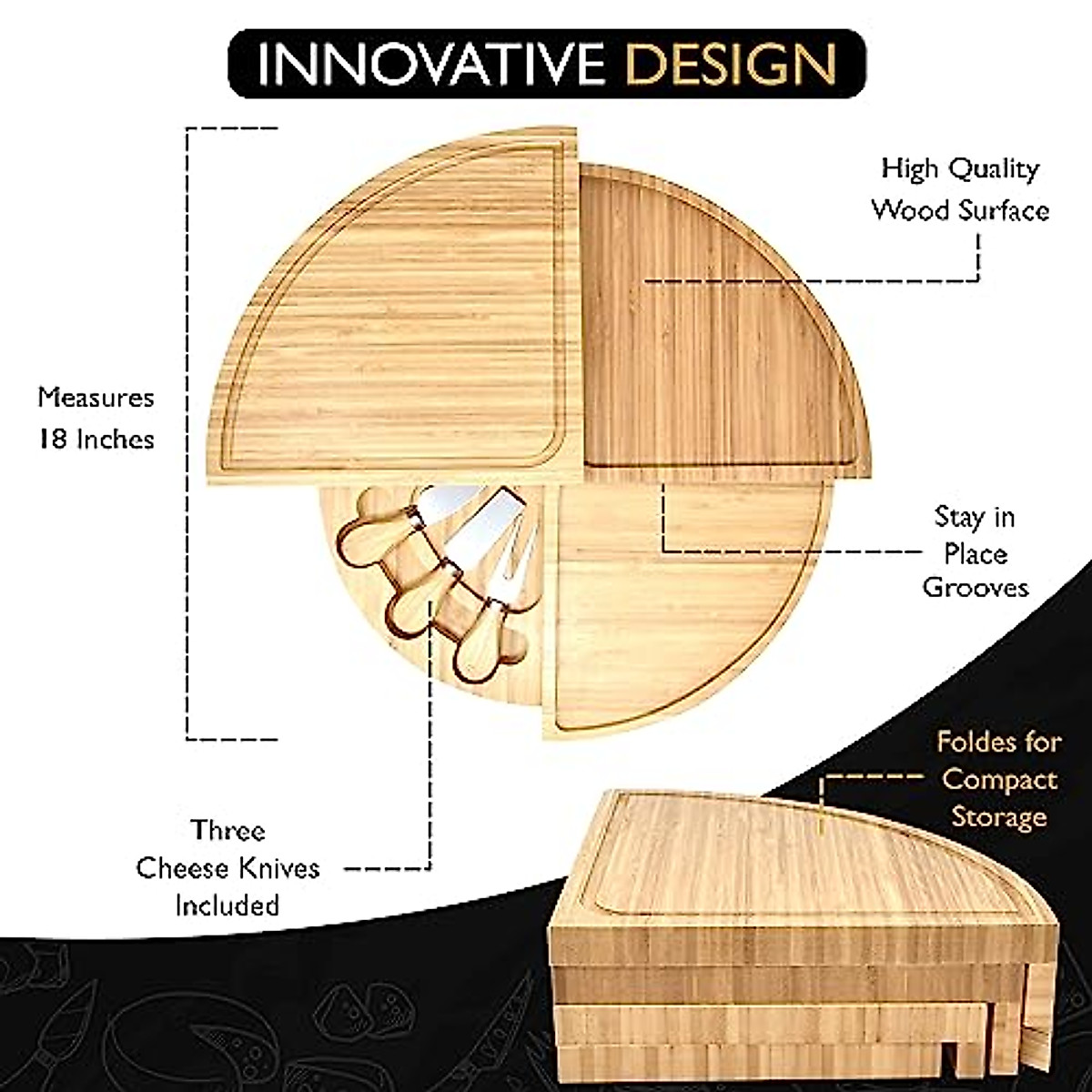 PERLLI Bamboo Cheese Board & Knife Set, Large Folding 18 Inch Round Wood Rotating Charcuterie Board Set Cheese Meat Wine Serving Tray Platter, Home Decor Holiday Gift Set