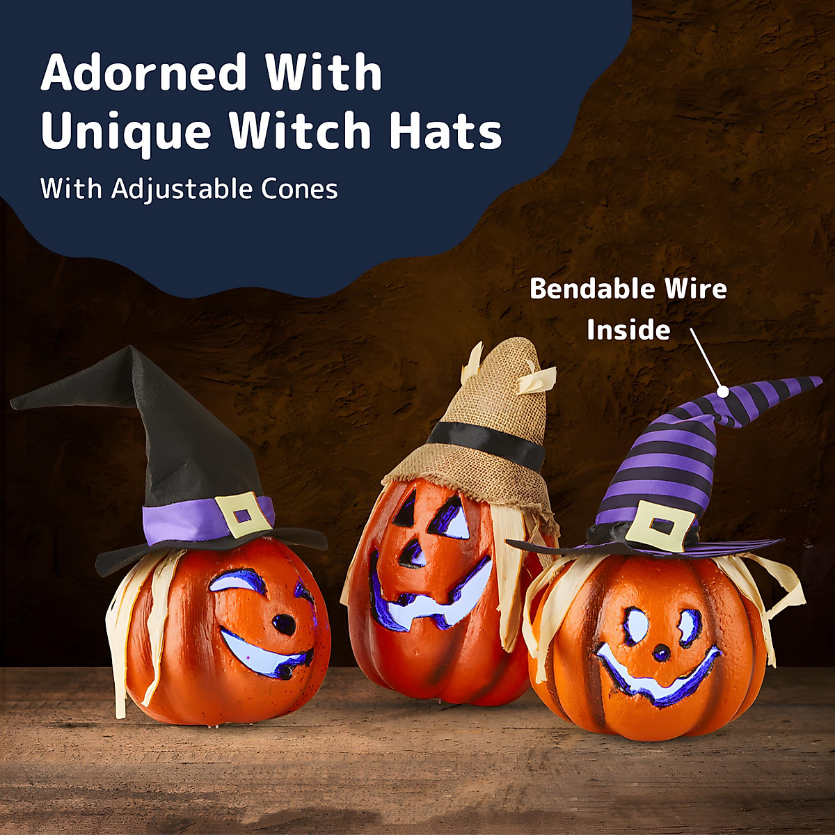 Prextex Halloween Pumpkin Decorations - 3pc Set of Halloween Outdoor Pumpkin Decorations for Porch - Jack-o-Lanterns Decor Pumpkin Lights