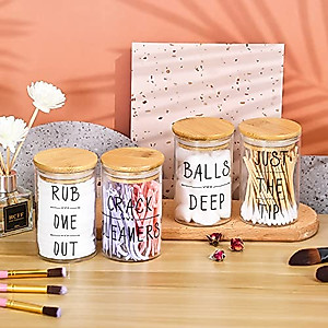 4 Pack Qtip Holder, 10 oz Bathroom Organization with Bamboo Lids, Clear Glass Farmhouse Qtip Holder for Bathroom Vanity, Great for Cotton Swabs, Cotton Ball, Floss, Bathroom Decor