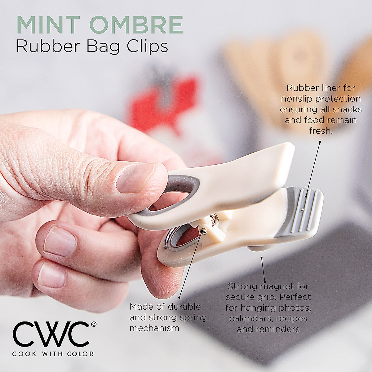 COOK WITH COLOR Bag Clips with Magnet- Food Clips, Chip Clips, Bag Clips for Food Storage with Airtight Seal Grip for Bread Bags, Snack Bags and Food Bags (Mint and Grey, Pack of 10)