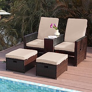 B BAIJIAWEI Patio Wicker Loveseat - Outdoor Rattan Sofa Set with Cushion - Adjustable Lounge Chair with Ottoman Footrest, Wicker Furniture for Garden, Patio, Balcony, Beach, Coffee Bar, Deck