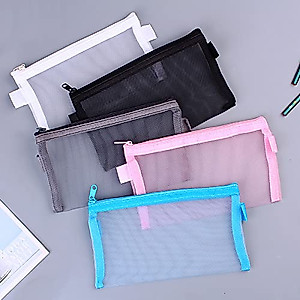 LOPURO Mesh Pencil Pouch, 4Pcs Clear Exam Pencil Case Portable Transparent Big Capacity Pencil Bag with Zipper Makeup Pouch for Office Stationery and Travel Storage (white grey pink)