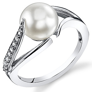 PEORA Freshwater Cultured White Pearl Elegant Solitaire Ring for Women 925 Sterling Silver, 7mm Round Button Shape, Comfort Fit, Size 8