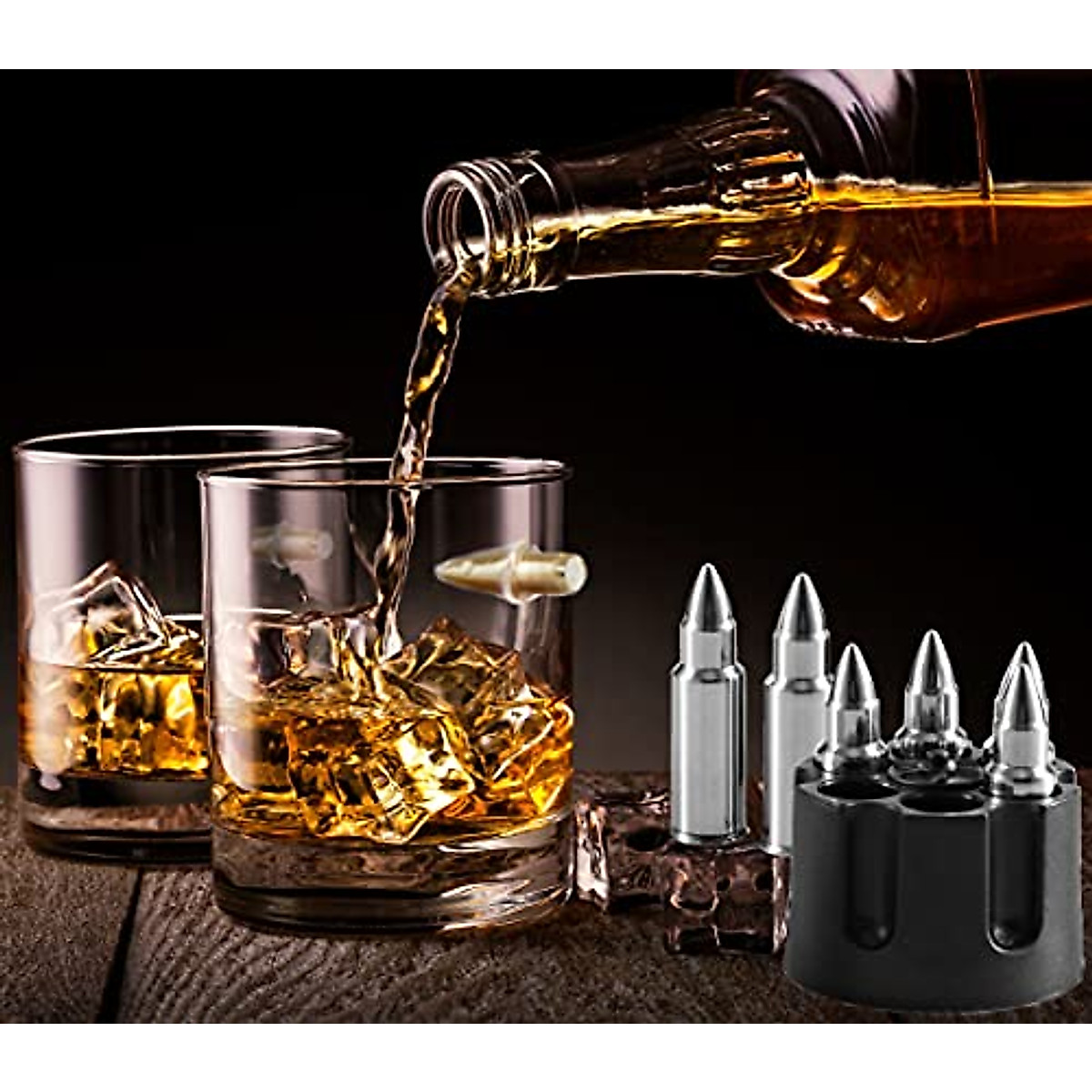 Whiskey Gun Decanter Gift Set - + 2 Whisky Bullet Glasses & Bullet Chilling Stones - Gun Shaped Rich Wood Classic Mahogany Base Tray - Liquor Scotch Bourbon -Boyfriend Husband Anniversary Retirement