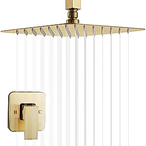 Brushed Gold Ceiling Shower System Shower Faucet GGStudy Bathroom Luxury Rain Mixer Shower Combo Set Rainfall Shower Head System 10 Inch with Valve and Trim