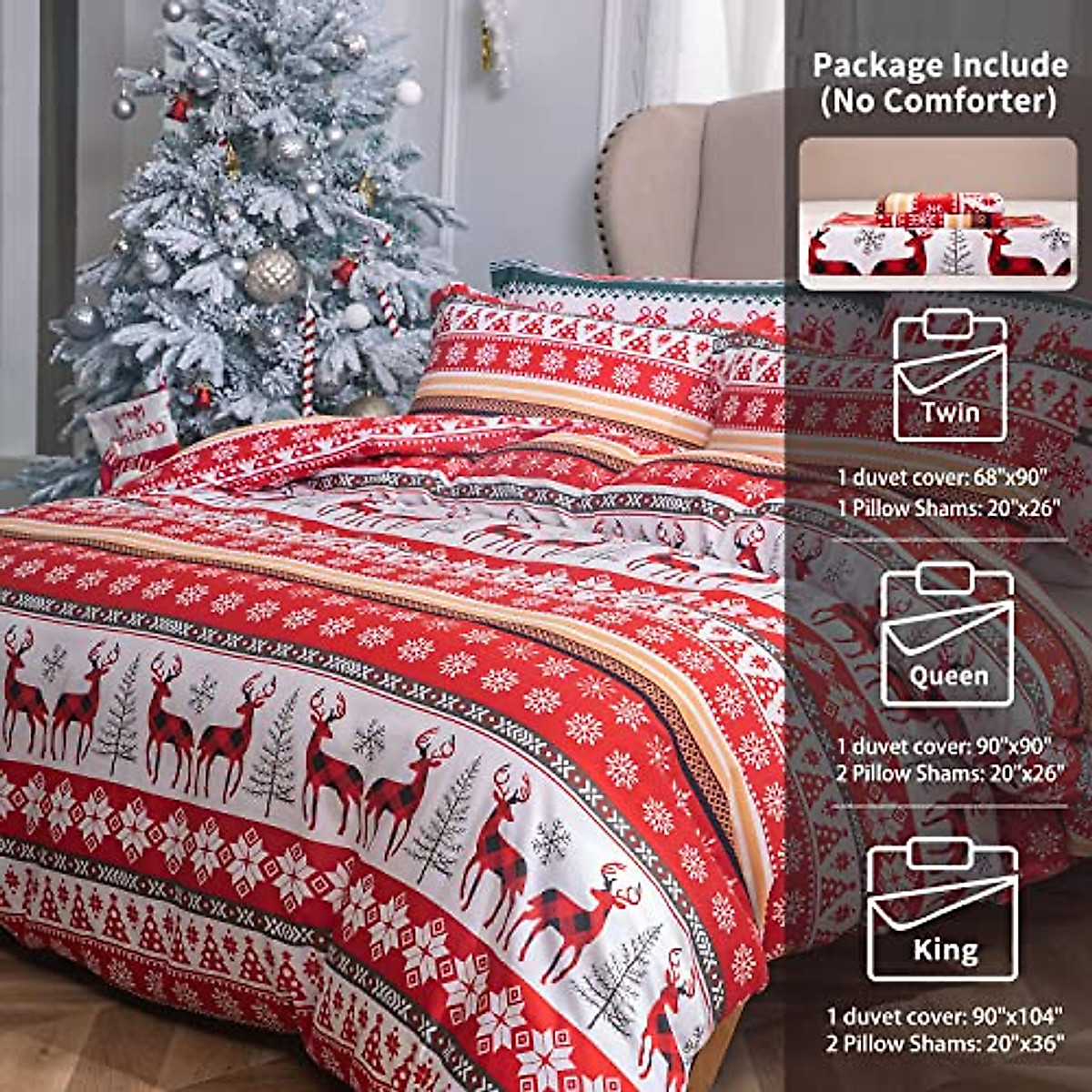 MILDLY Christmas Duvet Cover Set - 100% Brushed Microfiber Snowflake Reindeer Printed Winter Theme Comforter Cover Set