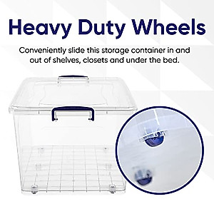 Superio 85 Qt Storage Container with Wheels, Stackable Large Storage Containers with Lid, Durable Latches, Opaque Clear (65)