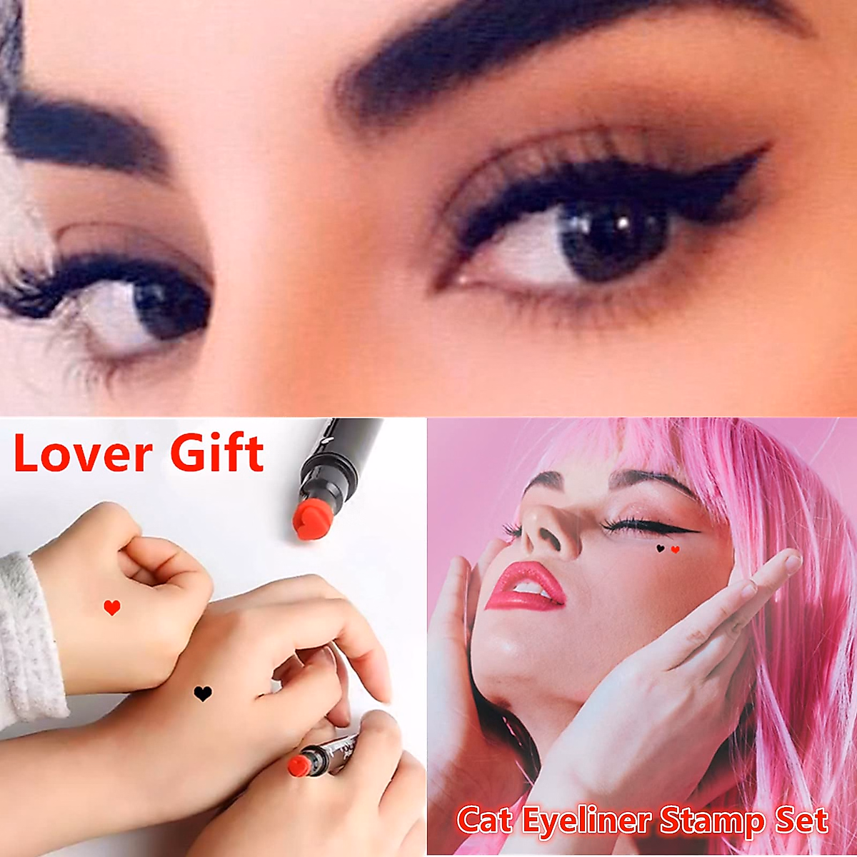 Go Ho 2 PCS Waterproof Liquid Eyeliner Stamps,Double-side Black&Red Smudge-proof Eye Liner,Heart Stamp Eyeliner for Harley Costume Makeup,Long-lasting Love Tattoo Tools for Valentines Day