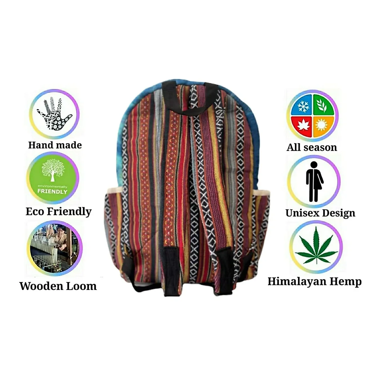 Zillion Craft himalayan hemp back pack. Hand made Bohemian style large size back pack for school , college. Multi pocket laptop back pack.