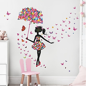 Supzone Flower Fairy Wall Decal Girl with Umbrella Wall Sticker Colorful Butterfly Floral Wall Decor DIY Vinyl Mural Art for Girls Baby Nursery Bedroom Living Room Playroom