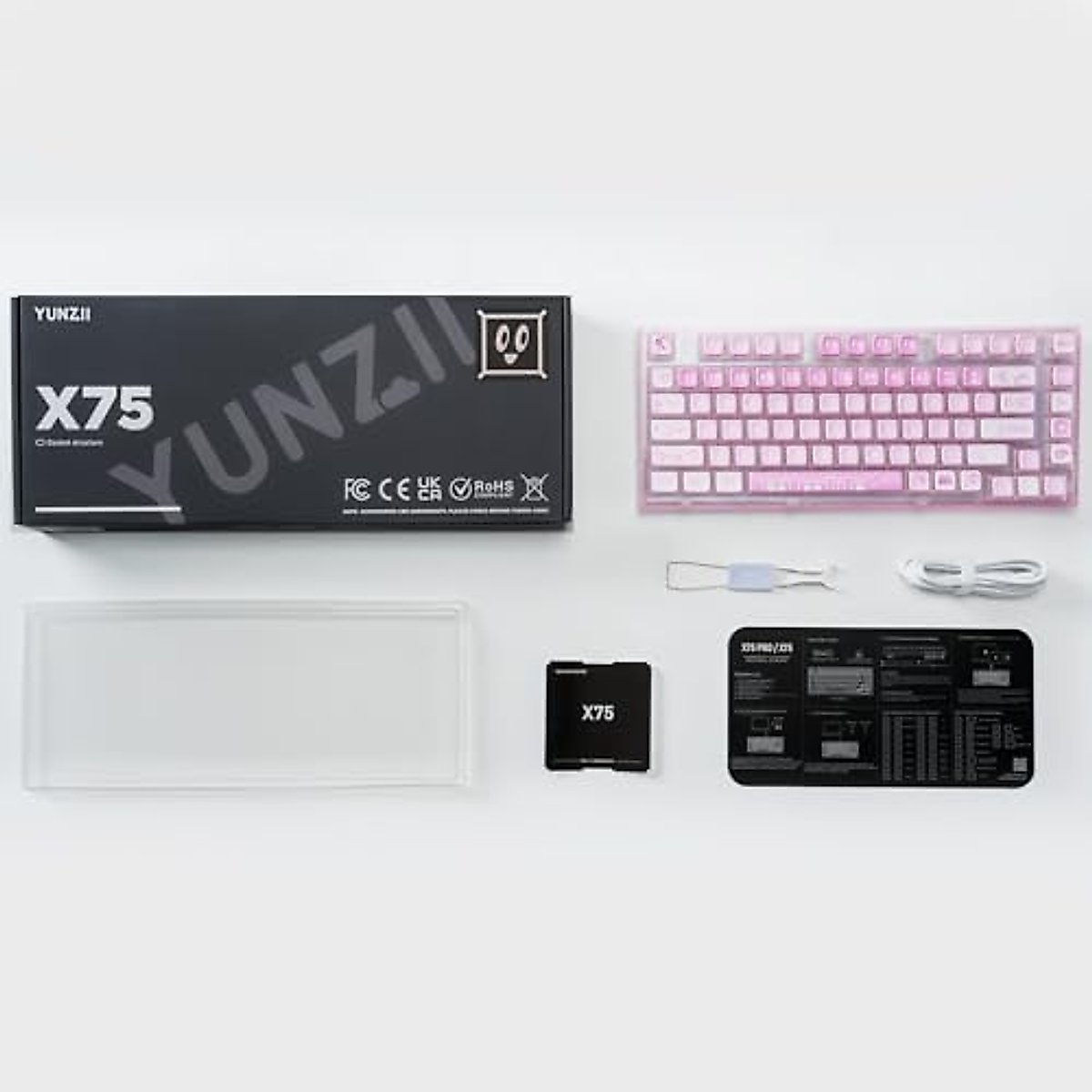 YUNZII X75 PRO 82 Key Wireless Hot Swappable Mechanical Gaming Keyboard with Transparent Keycaps,BT5.0/2.4G/USB-C, Gasket Mount Keyboard,for Windows/Mac (Crystal White Switch, Wireless-Pink)