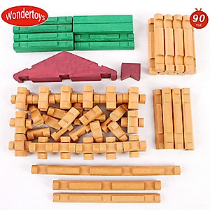 Wondertoys 90 Pieces Classic Wood Cabin Logs Set, Building Log Toy for Children, Farm House Construction Educational Toys for 3 4 5 6 Years Old