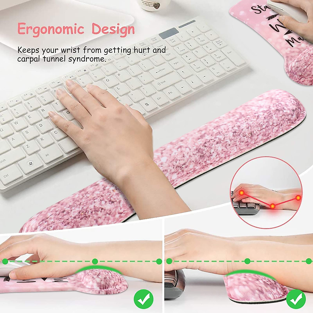 iCasso Ergonomic Mouse Pad with Wrist Support Set, Keyboard Wrist Rest+ Mouse Wrist Rest Pad + Coaster, Non-Slip Base Cute Mouse Mat, Pain Relieve Desk Mousepadfor Computer (Pink Stay Positive)
