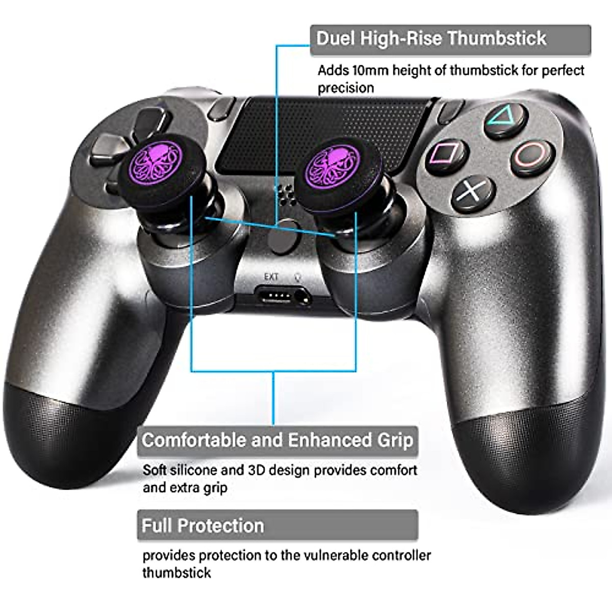 Playrealm FPS Thumbstick Extender & Printing Rubber Silicone Grip Cover 2 Sets for PS5 Dualsenese & PS4 Controller (Cthulhu Secret)