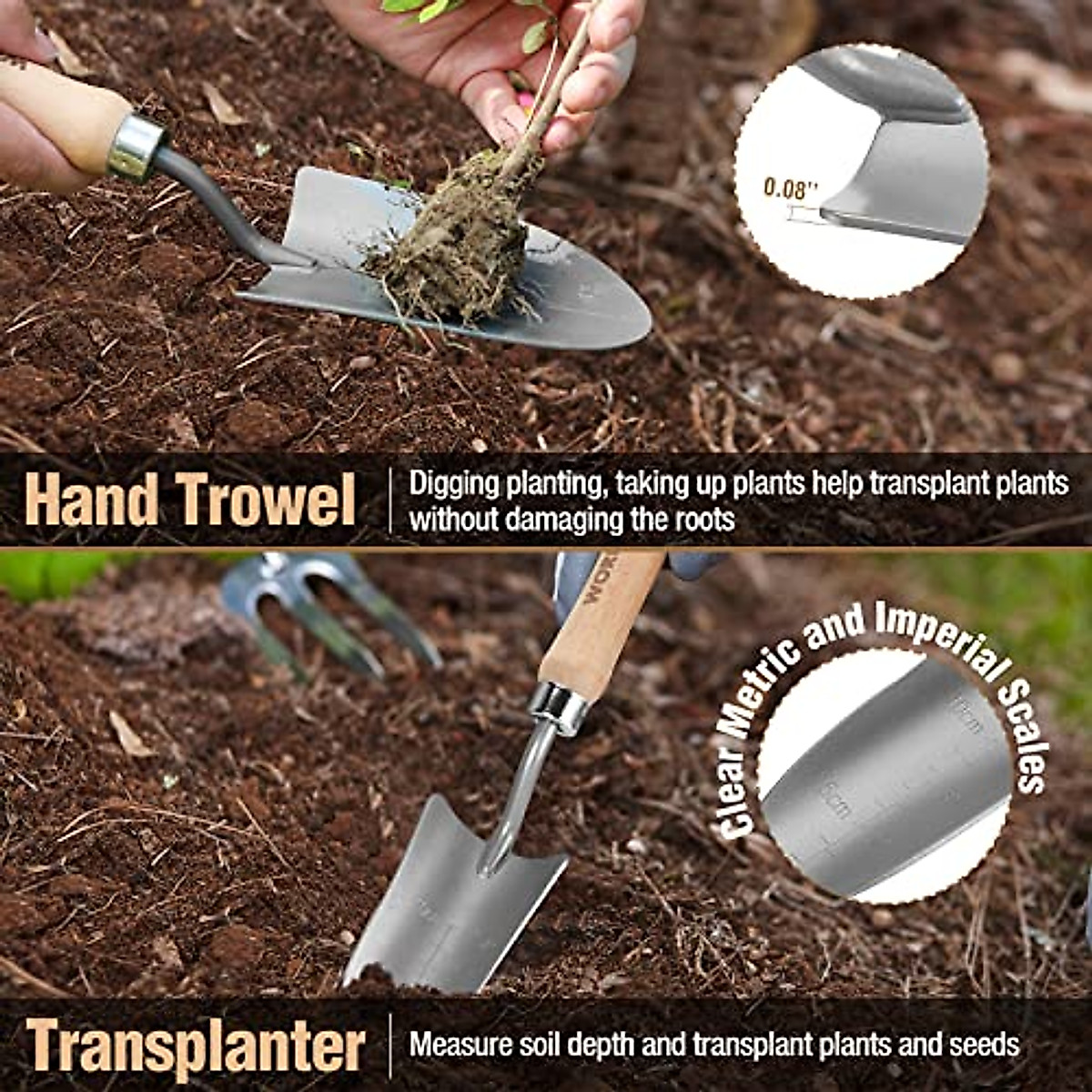 WORKPRO Garden Tool Set, 5 Piece Heavy Duty Steel Gardening Tools Kit with Wooden Handle, Includes Hand Trowel, Transplanter, Weeder, Hand Fork and Hand Rake, Gardening Gifts for Women Men