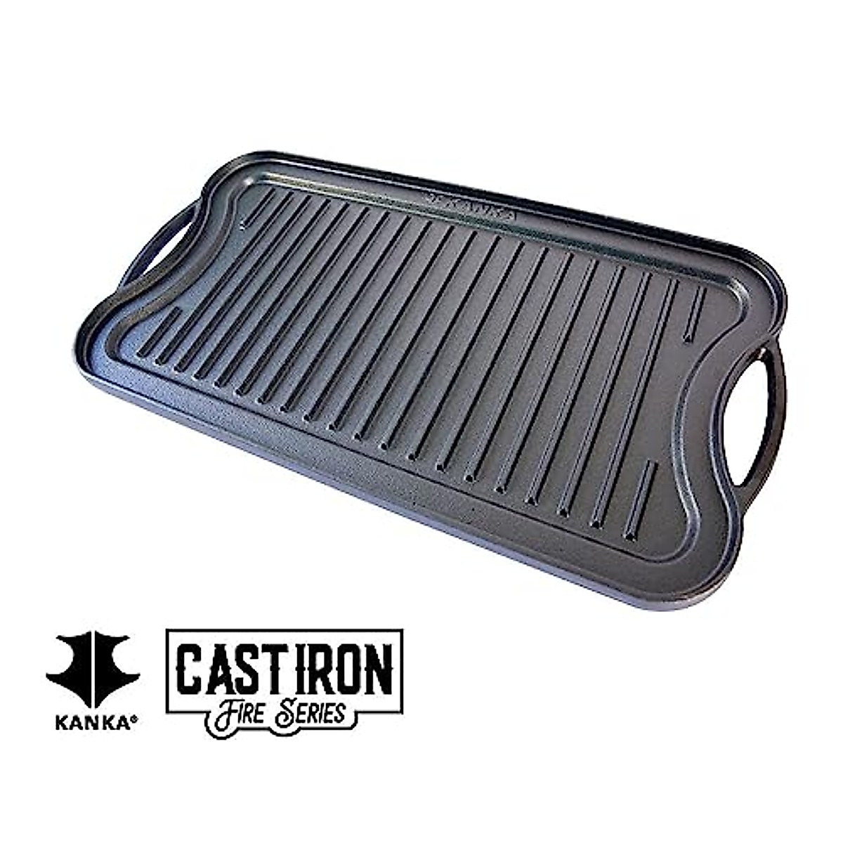 KANKA Cast Iron Griddle - 19.7in X 10.23in, Pre-seasoned, Rectangular, Reversible, Doublesided, Black, Includes Stainless Steel Chain Cleaner