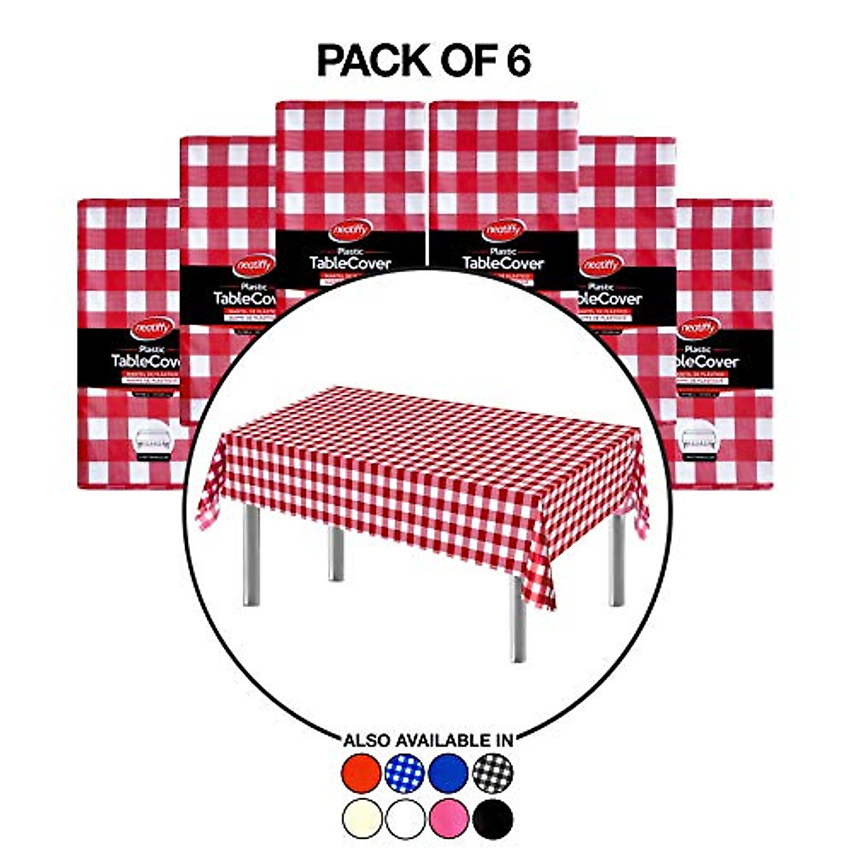 Neatiffy 54 x 108 Inch 6 Pack Rectangle Plastic Table Cloth Picnic/Camping/Party/Banquet Table Cover. Disposable/Reusable Tablecloths (Red Checkered, 6)
