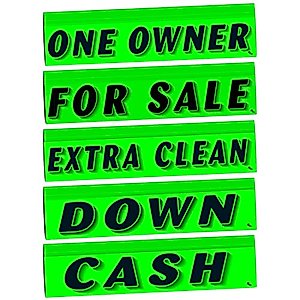 Versa Tags Windshield Slogan Stickers 12 Pack Each of ONE Owner, for Sale, Extra Clean, Down, Cash (60) Window Stickers Total Dealership Stickers Black On Green
