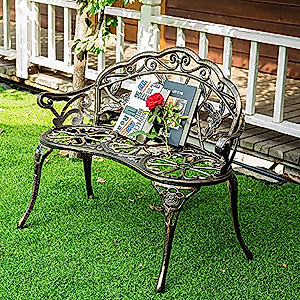 JOYBASE Outdoor Bench, Metal Patio Bench, Cast Iron Bench, Porch Bench, Cast Aluminum Bench, Garden Bench, Bronze