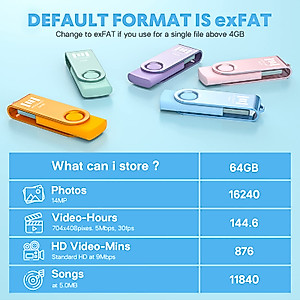 MOSDART 64GB USB2.0 Flash Drive, with Keychain Loop, Swivel Design with LED Light, exFAT Memory Stick for Computers, System Backup, Data Storage, Pastel Color(Pack of 5)