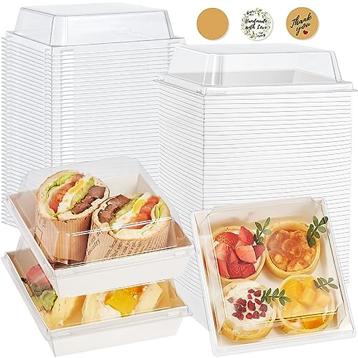 Kootek 50 Pack Paper Charcuterie Boxes with Clear Lids, 5.7 Inches Disposable Individual Food Containers Dessert Bakery Box for Sandwich, Slice Cake, Cookies, Hot Cocoa Bombs, Strawberries