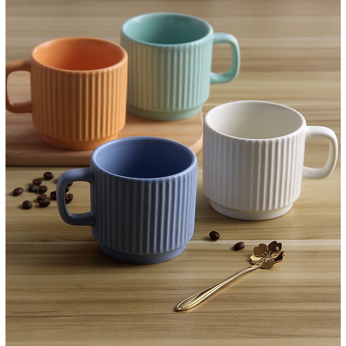 SHOWFULL Stackable Coffee Mugs Set of 4, 7 OZ Ceramics Espresso Cups for Latte Cappuccino Cocoa with Handle, Colorful
