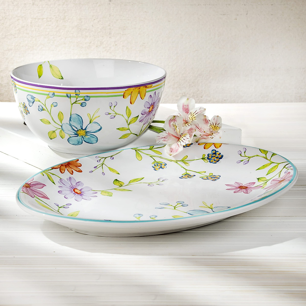 Charlotte Collection 15" Oval Platter and 9" Fruit/Vegetable Bowl, Multicolor Watercolor Floral/Garden Design, 2 Piece Stoneware Serving Set