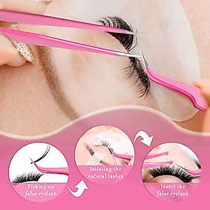 6-Pack Eyelash Extension Tweezers, Stainless Steel Straight Curved Tip Tweezers Single Eyelash False Eyelash Application Tools(Pink)