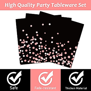 96PCS Black and Rose Gold Party Supplies Rose Gold Paper Plates Napkins Women Birthday Decorations Party Tableware Set Black Disposable Paper Plates Table Decors for Wedding Bridal Shower Serve 24