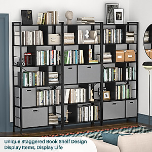 armocity 74 Inch Tall Bookshelf, 6 Tier Bookcase with Drawers, Modern Book Shelf Display Standing Shelf Units with Storage, Wood and Metal Bookshelves for Living Room, Bedroom, Home Office, Black